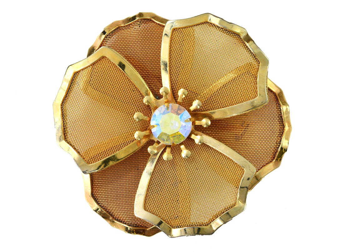 Large Vintage GOLD TONE Mesh FLOWER Brooch Pin Aurora Borealis - Etsy
