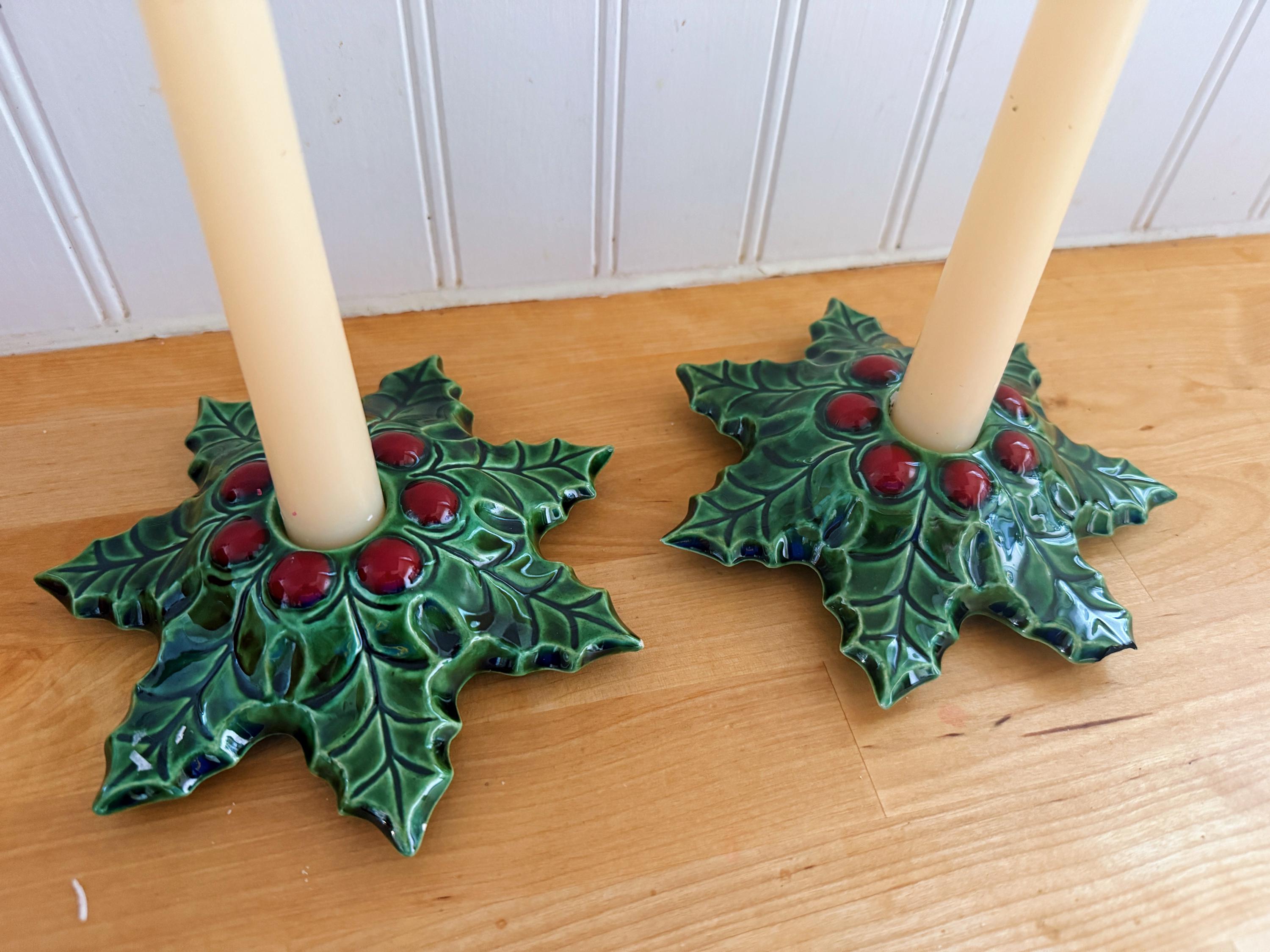 Vintage Holly Leaf Taper Candle Holders Christmas Table Decor ...