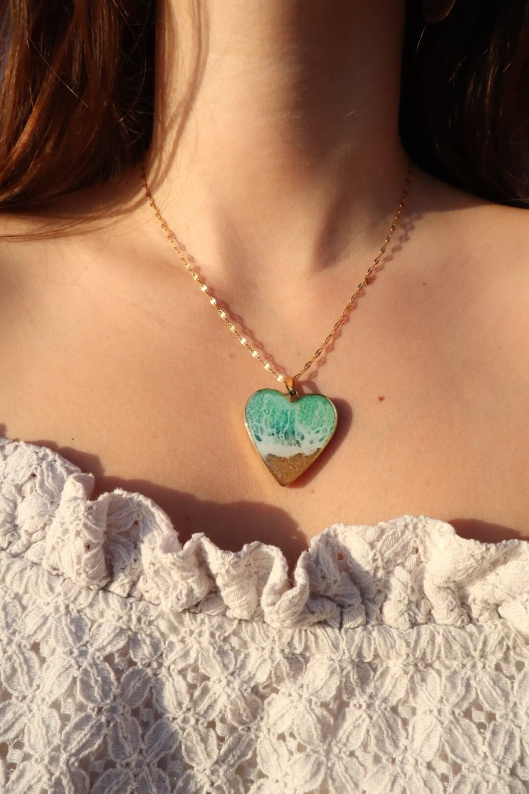 Beach Real Sand Necklace, Ocean Sea Waves Jewelry, Green Heart Shapped ...