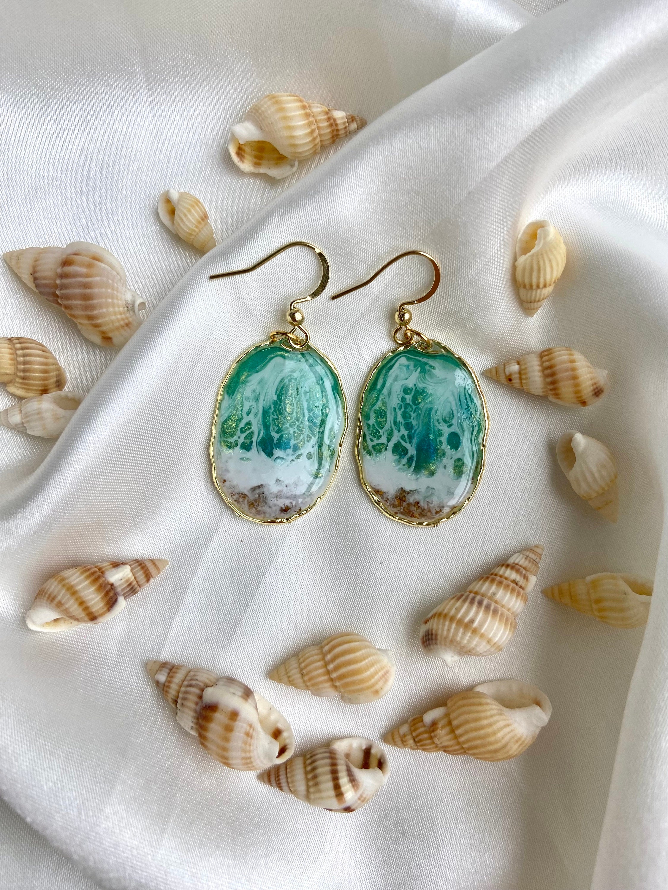 Ocean Waves Earrings, Real Sand Beachy Jewelry, Green Dangle Earring ...