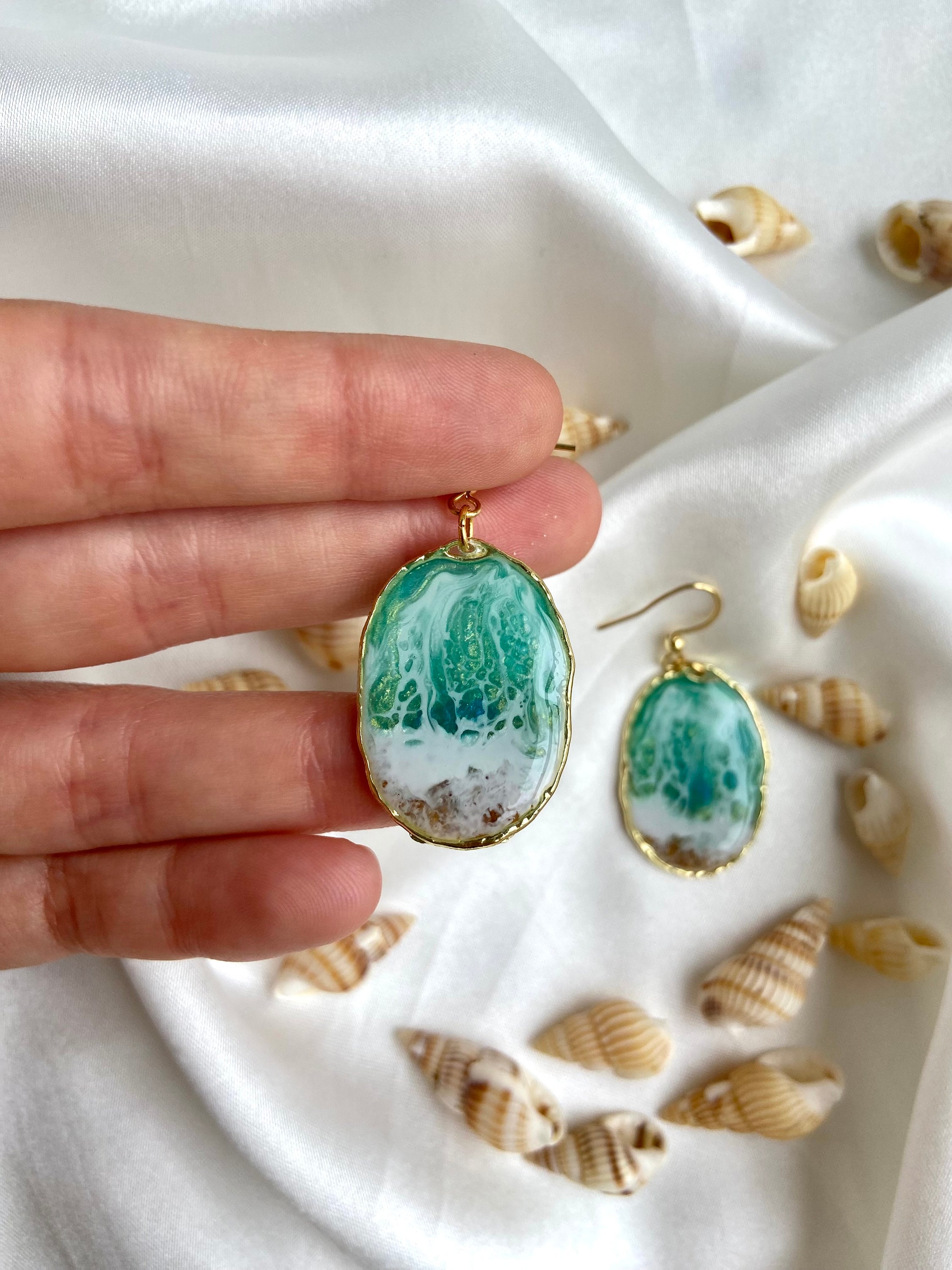 Ocean Waves Earrings, Real Sand Beachy Jewelry, Green Dangle Earring ...