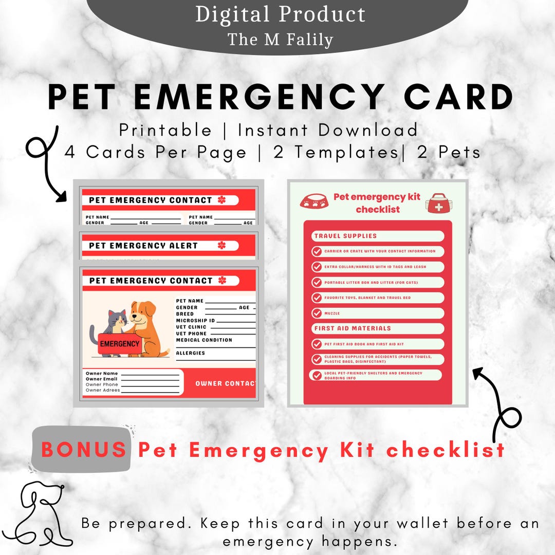 Pet Emergency Contact Card, Fillable Checklist (printable PDF) - Etsy