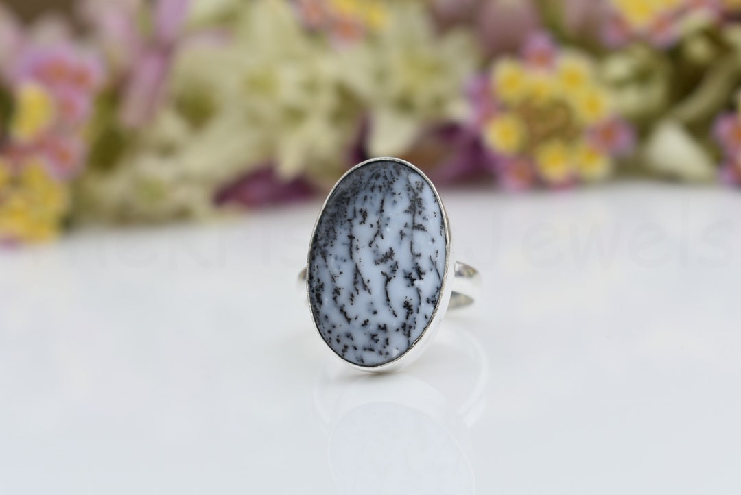 Dendritic Opal Ring, Sterling Silver Ring, Oval Stone Ring, Statement Ring, Cabochon Gemstone ...