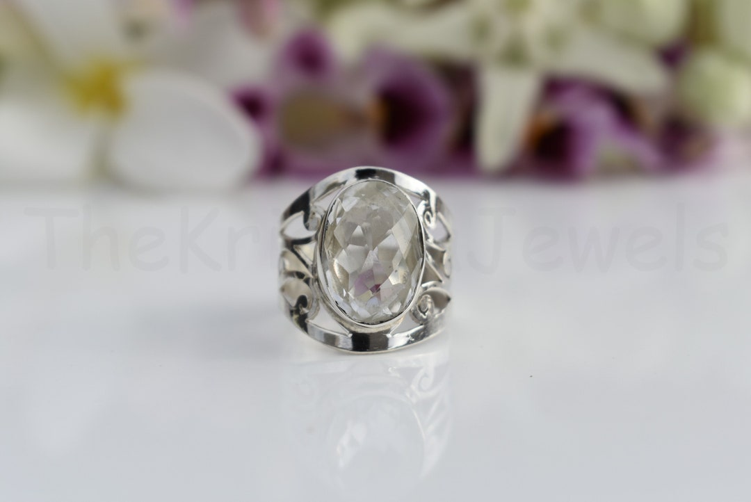 White Crystal Stone Ring, Sterling Silver Ring, Natural Gemstone, Oval ...