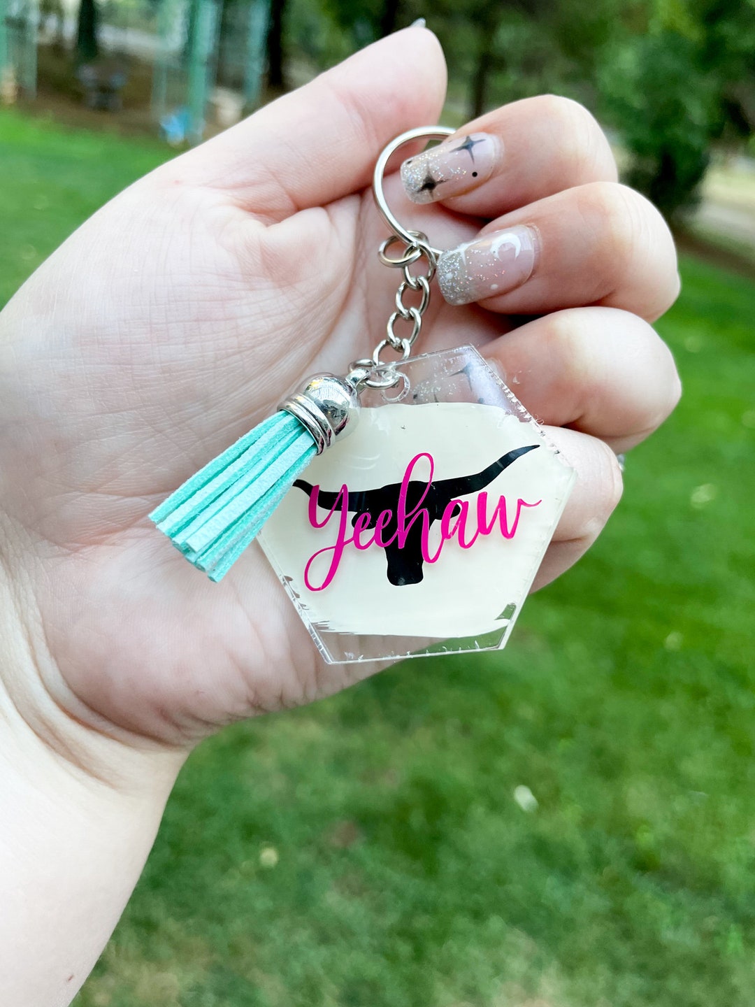 Yeehaw Steer Western Boho Keychain - Etsy