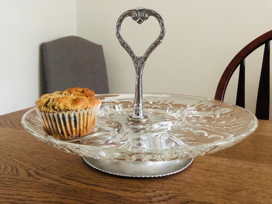 MCM Divided Glass hostess Tray With Metal Handle Pedestal Glass Cake ...