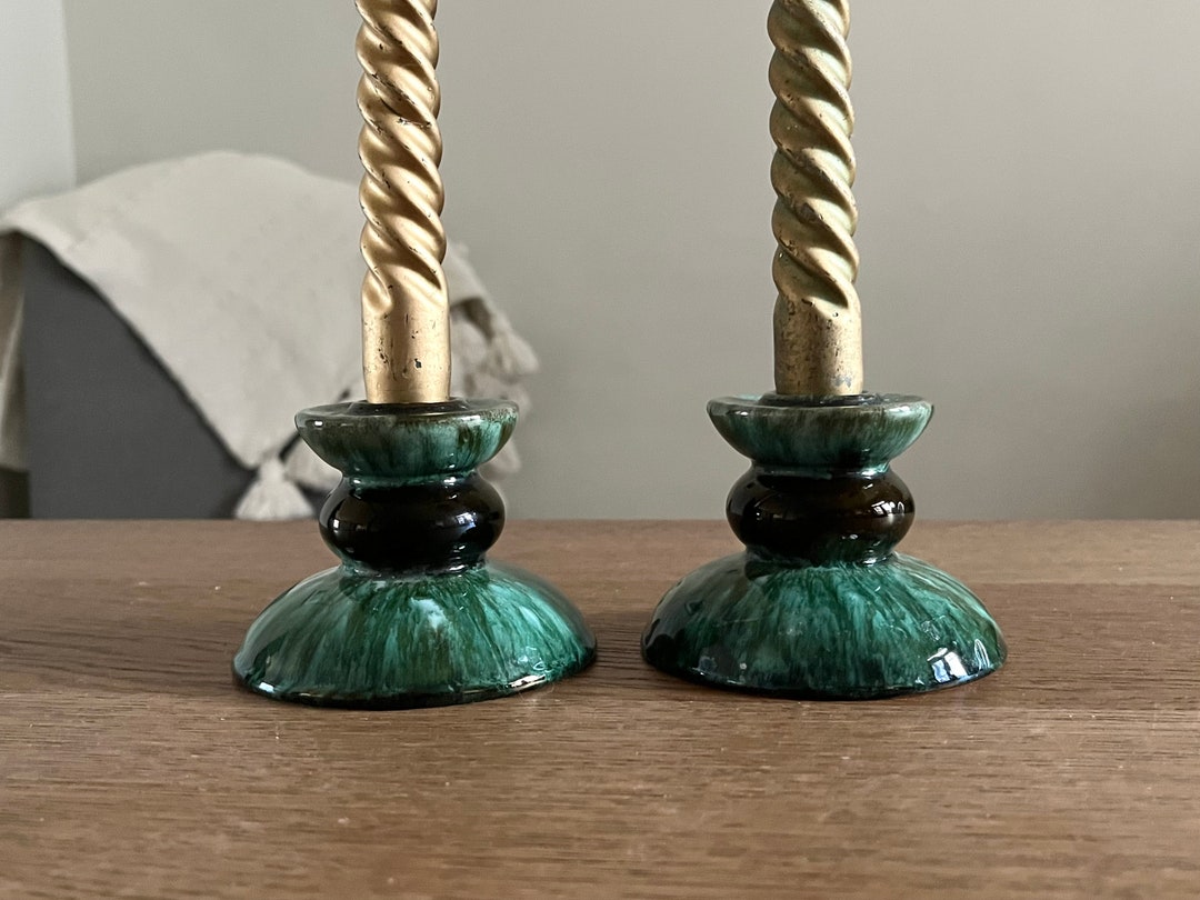 Vintage Pottery Candlestick Holders, Set of 2 Blue Green Drip Glaze ...