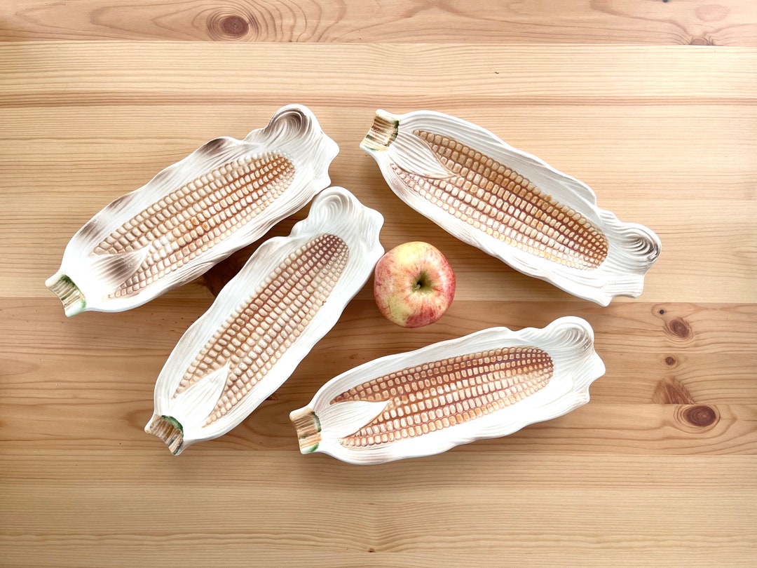 Vintage Corn on the Cob Plates, Set of 4 | Majolica Style, Ceramic Corn ...
