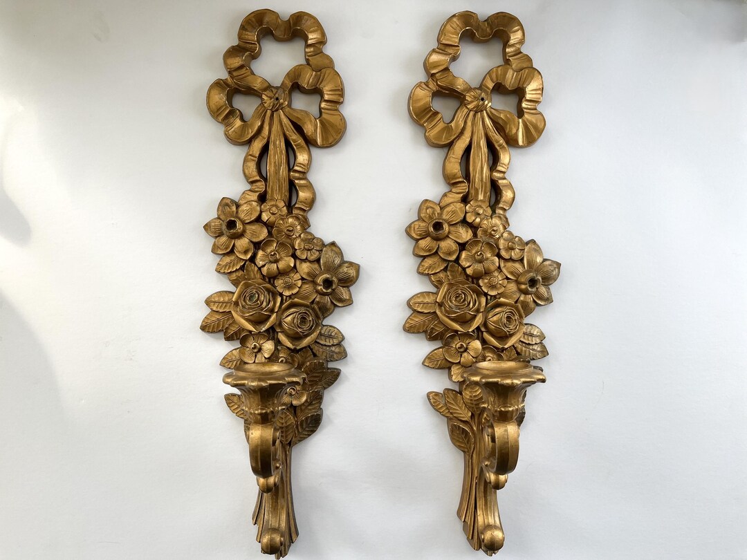 Set of 2 Gold-toned Syroco Sconces for Taper Candles | Made in USA ...