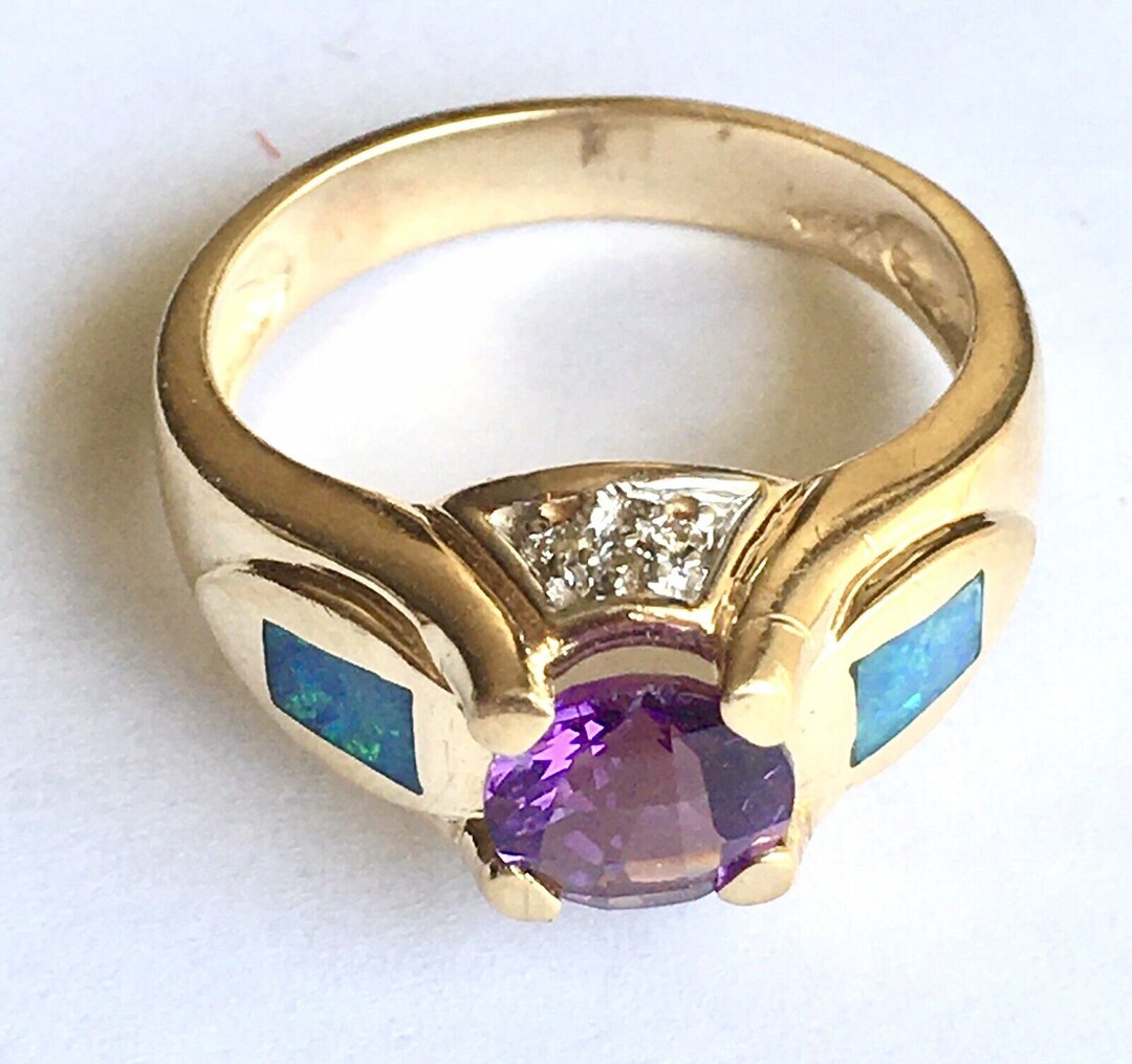 14k Yellow Gold Round Faceted Amethyst, Opal Inlay and Diamond Ring - Etsy