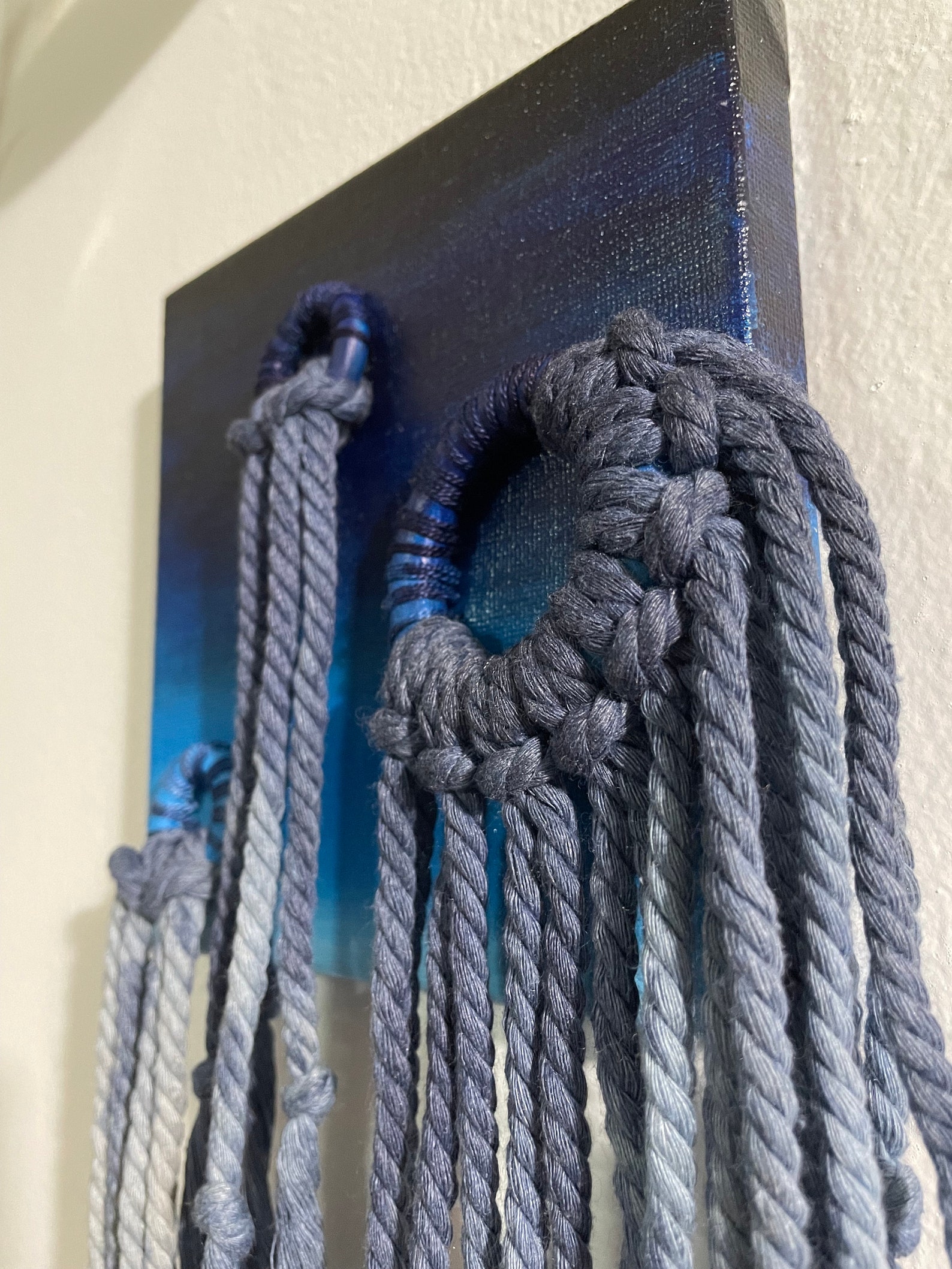 Modern Macrame Canvas Art, Blue Dyed Fiber, Eclectic Wall Decor - Etsy