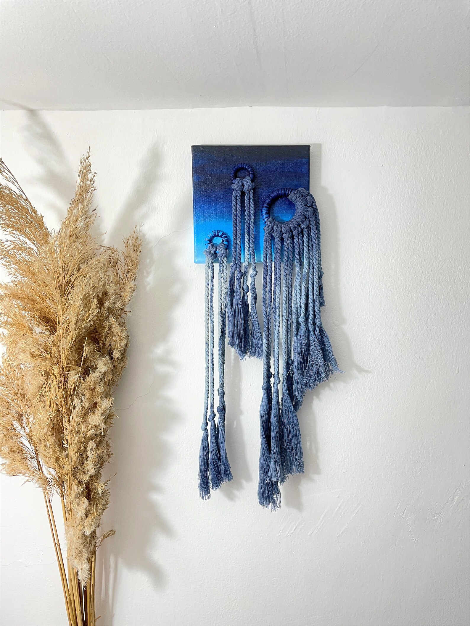 Modern Macrame Canvas Art, Blue Dyed Fiber, Eclectic Wall Decor - Etsy