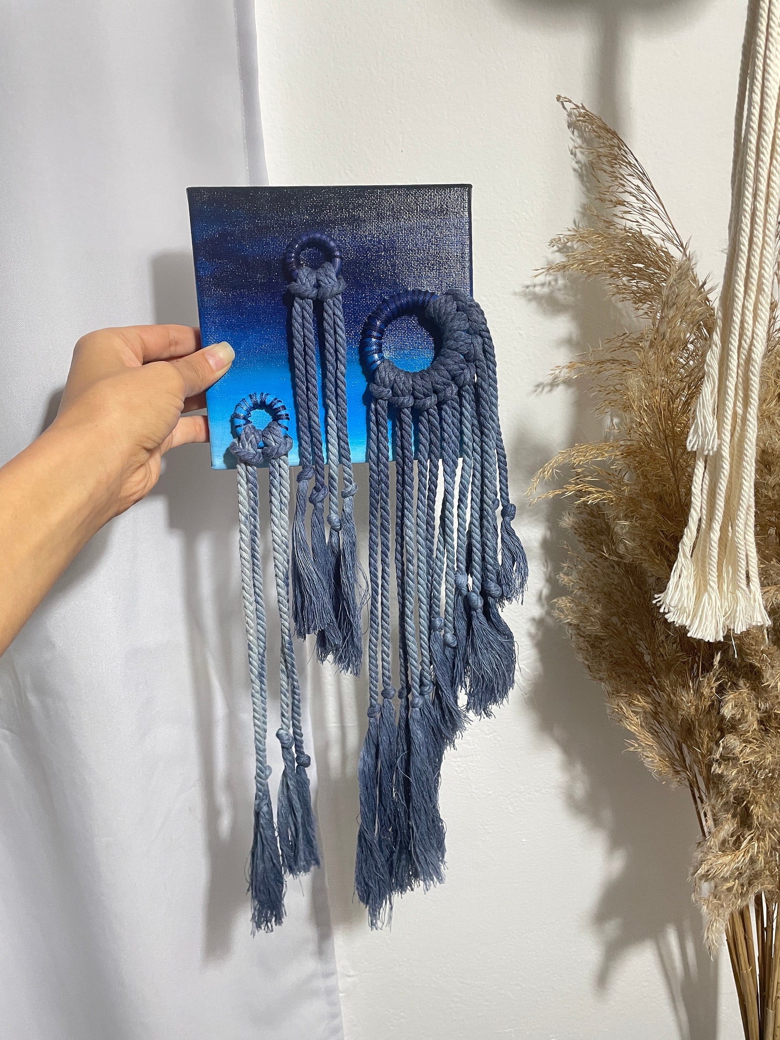 Modern Macrame Canvas Art, Blue Dyed Fiber, Eclectic Wall Decor - Etsy