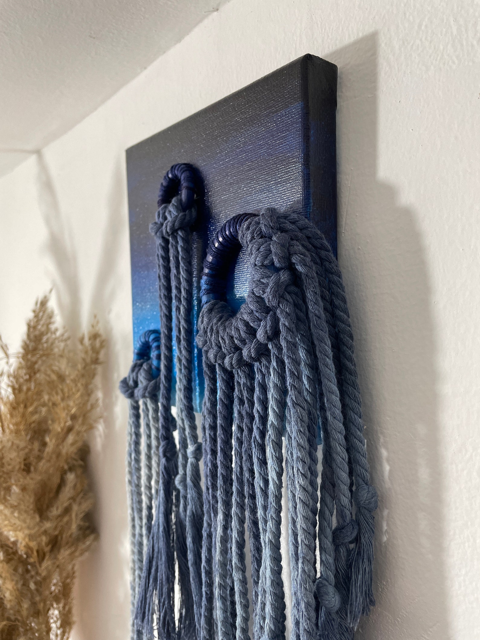 Modern Macrame Canvas Art, Blue Dyed Fiber, Eclectic Wall Decor - Etsy
