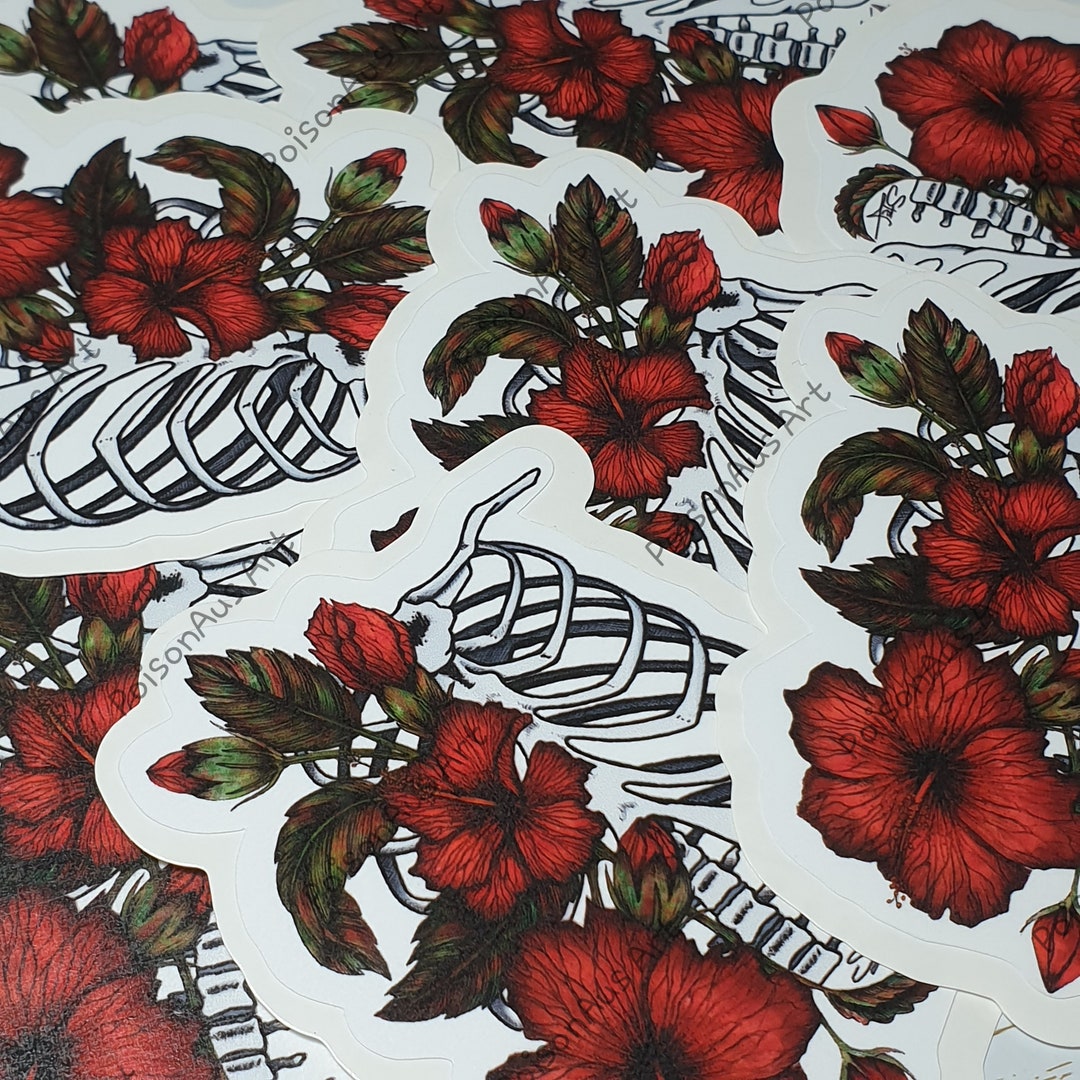 Hibiscus Ribs Vinyl Sticker, Floral Art Drawing Plant Gift Bones ...