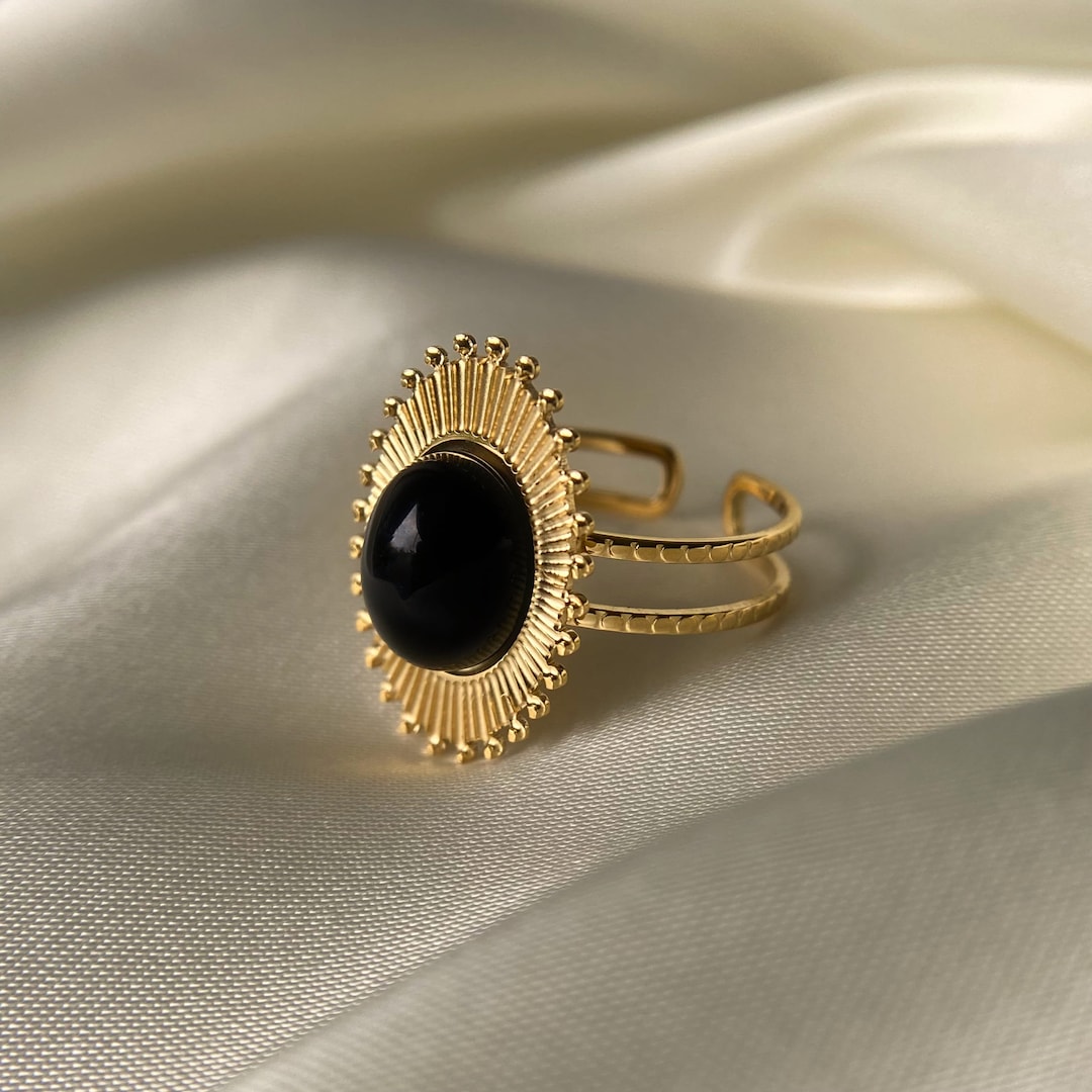 Black Stone Ring 18k Black Agate Gemstone Ring Sun Ring for Women ...