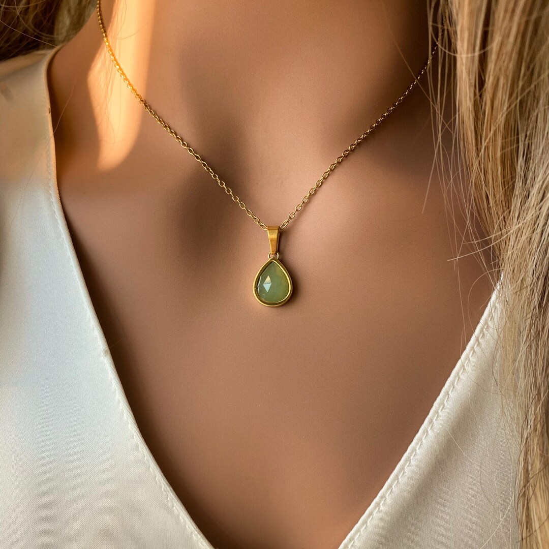 Green Stone Necklace Gold 18k Green Aventurine Pendant Boho Jewelry for ...