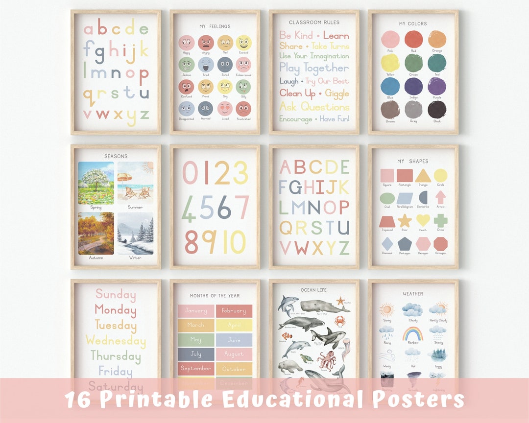 Set of 16 Educational Posters - Rainbow, Classroom Decor, Homeschool ...