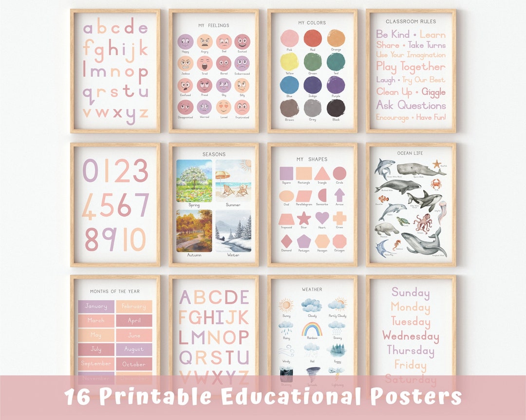 Set of 16 Educational Posters Blush, Classroom Decor, Homeschool Prints ...