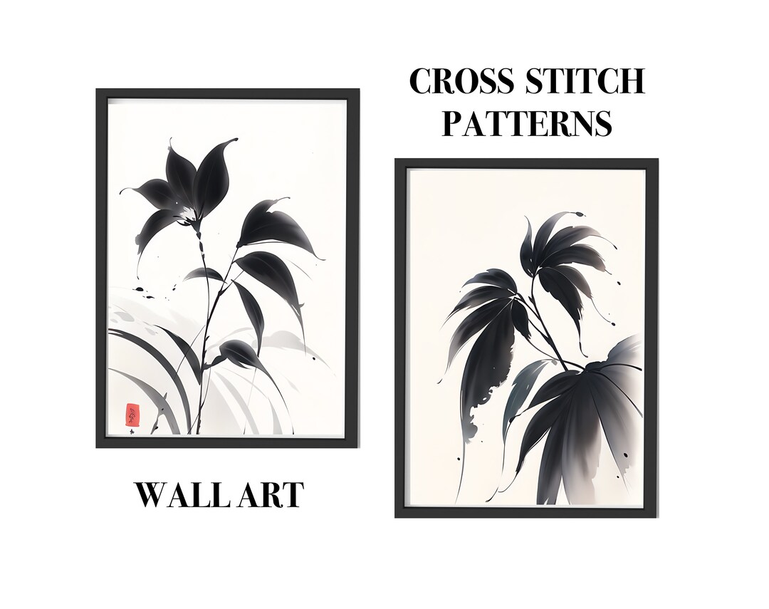 2 Modern Japanese Cross Stitch Patterns, Abstract Leaf, Two Nature ...
