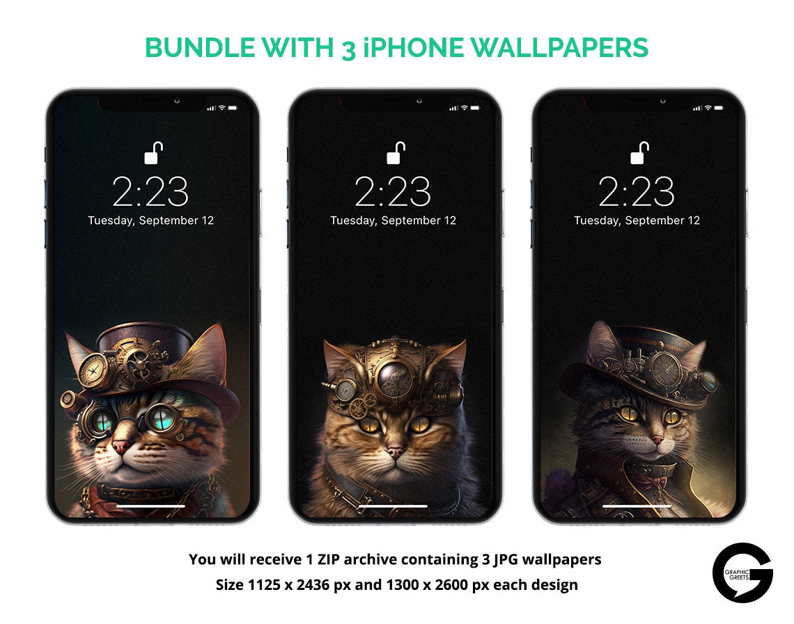 3 iPhone Wallpapers Steampunk Cat Digital Download, Creative iPhone ...