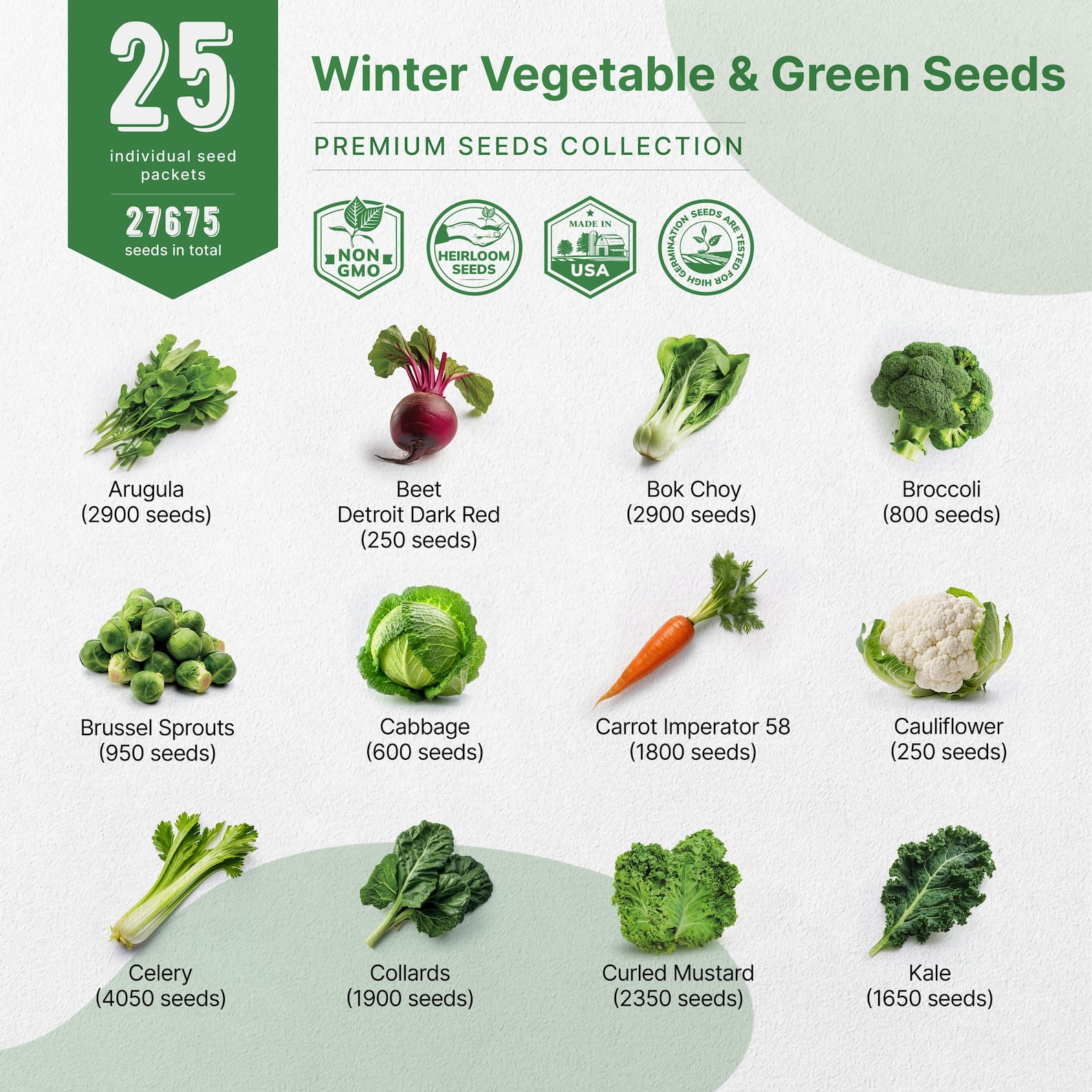25 Winter Vegetable & Greens Garden Seeds Variety Pack - 27,675+ Non ...