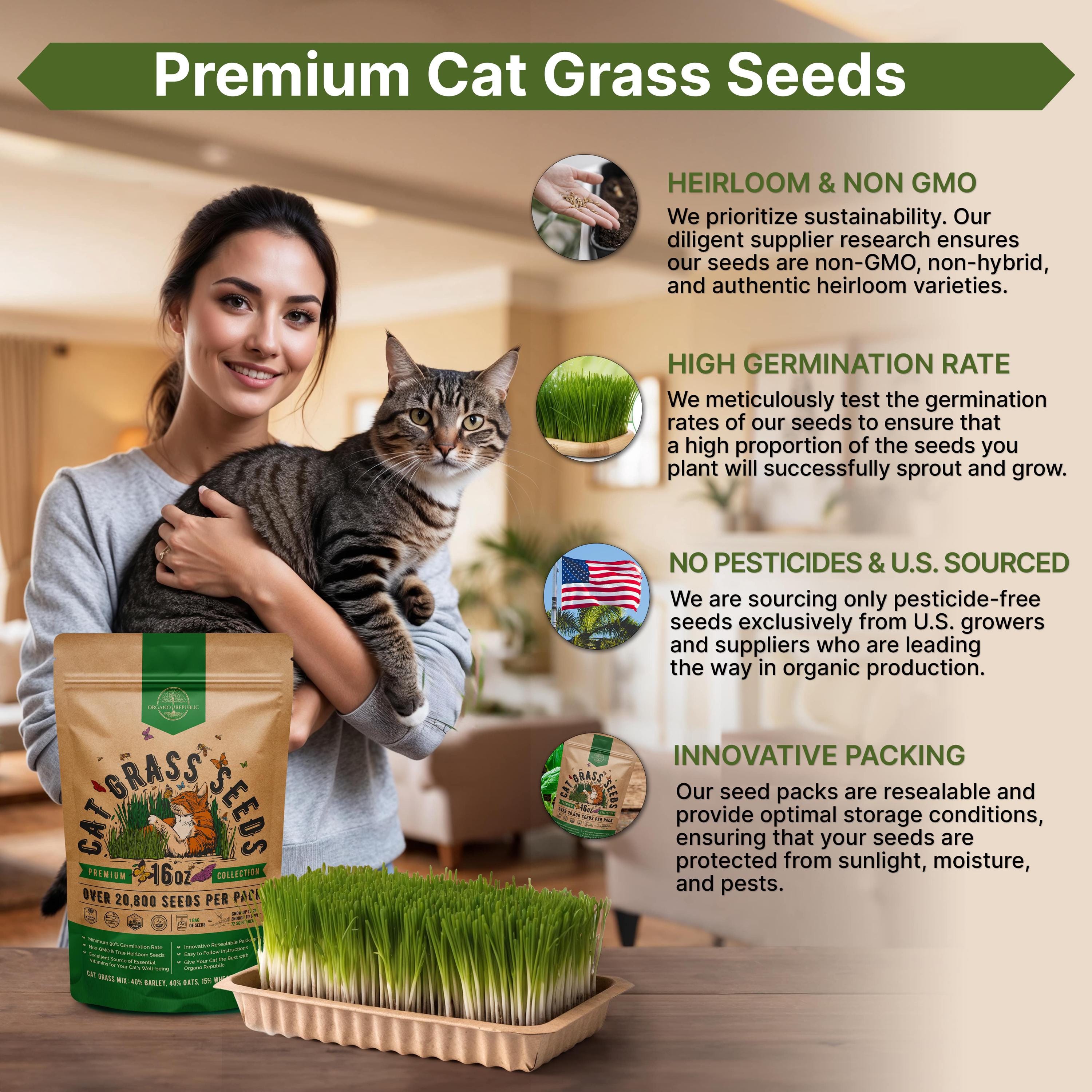 Cat Grass Seeds Mix - 20,800 Non-gmo Heirloom Seeds for Cats & Pets, 16 ...