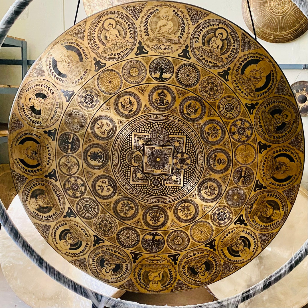 Flower of Life Prayer Gong on Spirit Guide Gong Stand-handmade Tibetan ...