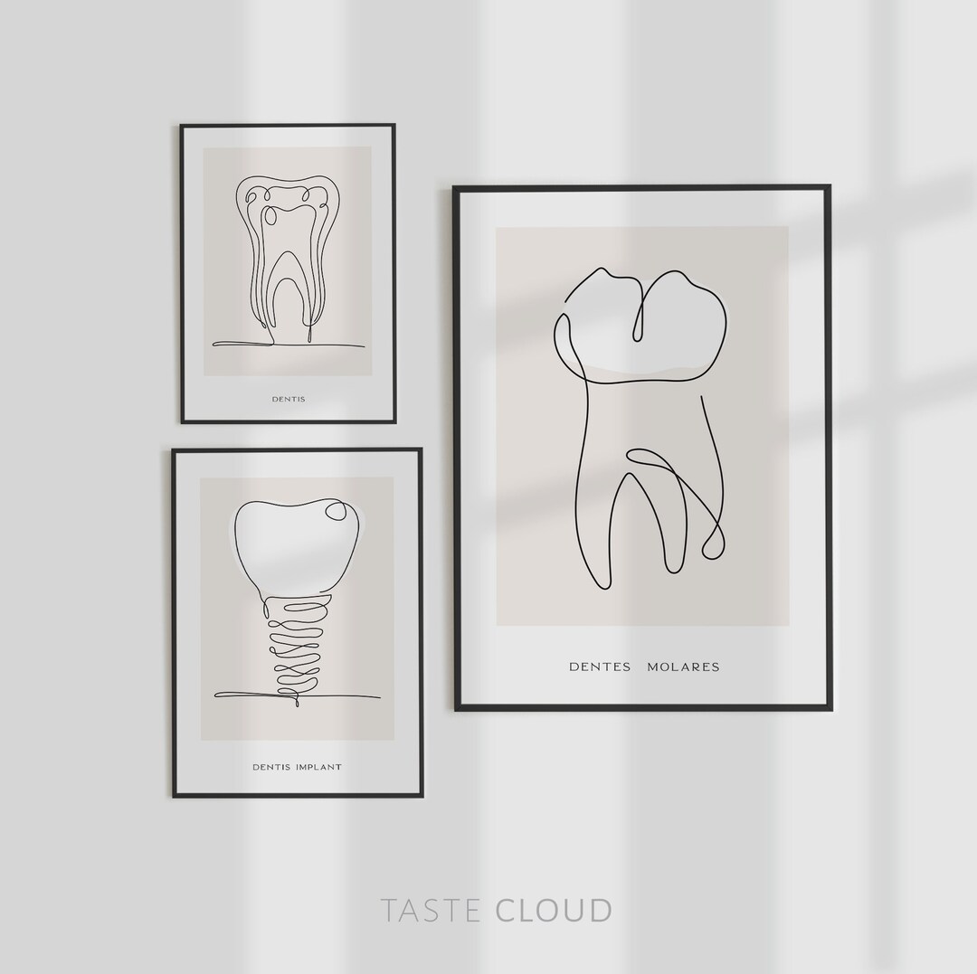 One Line Tooth Art Print, Dental Art Work Minimalist Set of 3 Digital ...