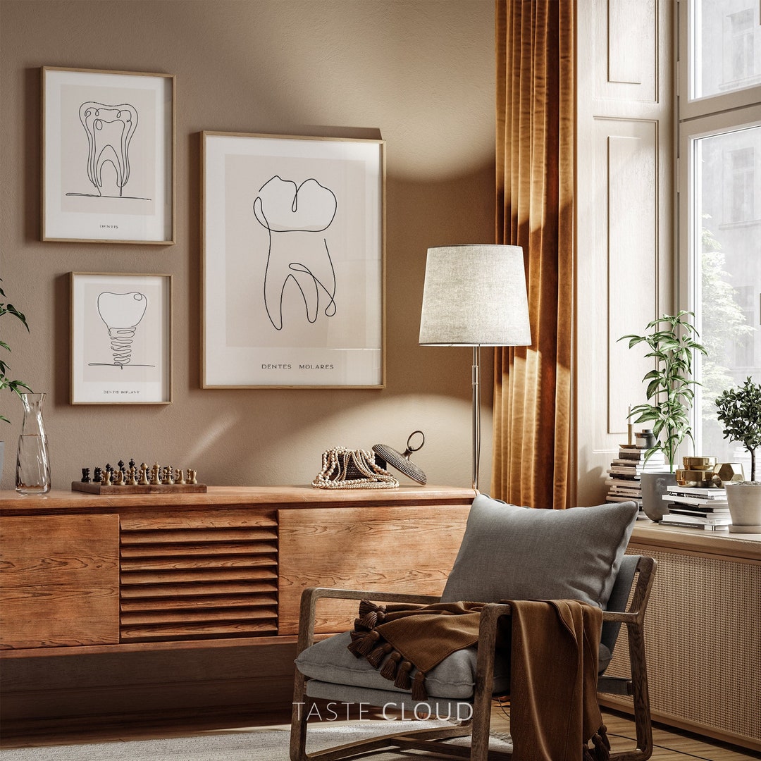 One Line Tooth Art Print, Dental Art Work Minimalist Set of 3 Digital ...