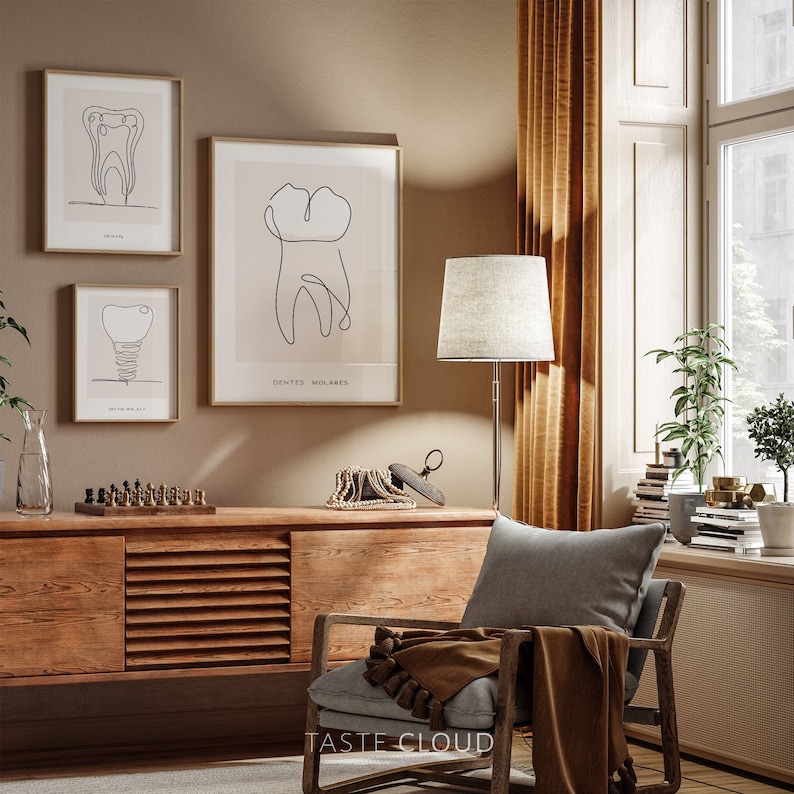 One Line Tooth Art Print, Dental Art Work Minimalist Set of 3 Digital ...