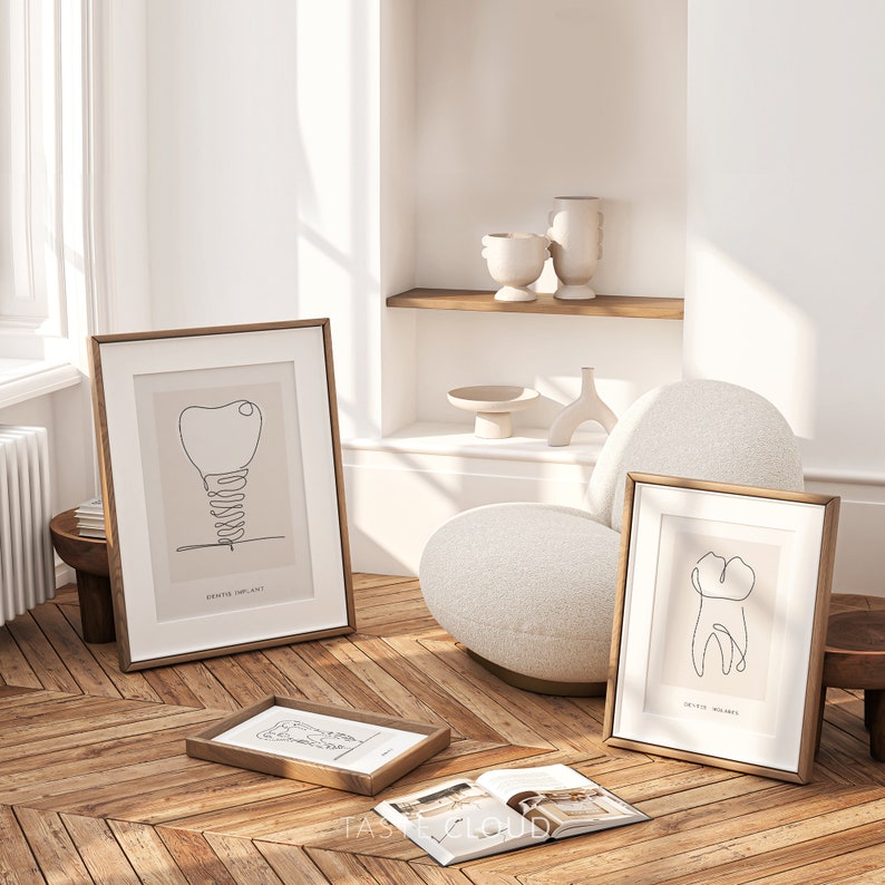 One Line Tooth Art Print, Dental Art Work Minimalist Set of 3 Digital ...