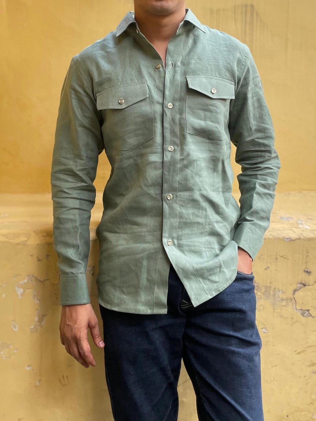 Men's Long Sleeve Linen Shirt: Relaxed Fit, Double Pocket - Etsy