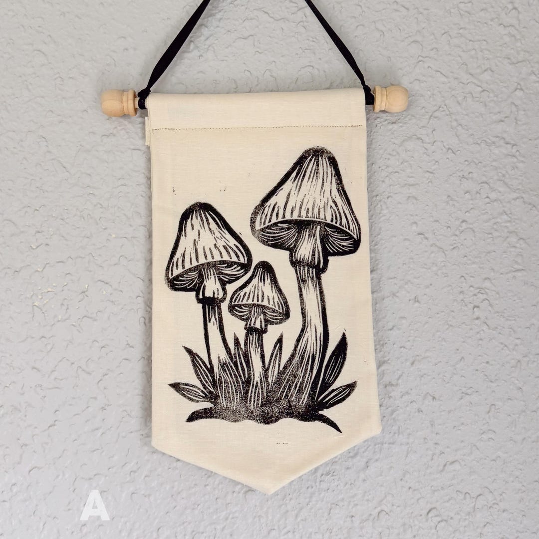 Handprinted Linocut Mushroom Banner – Handmade Cotton 5"x8" Banner ...