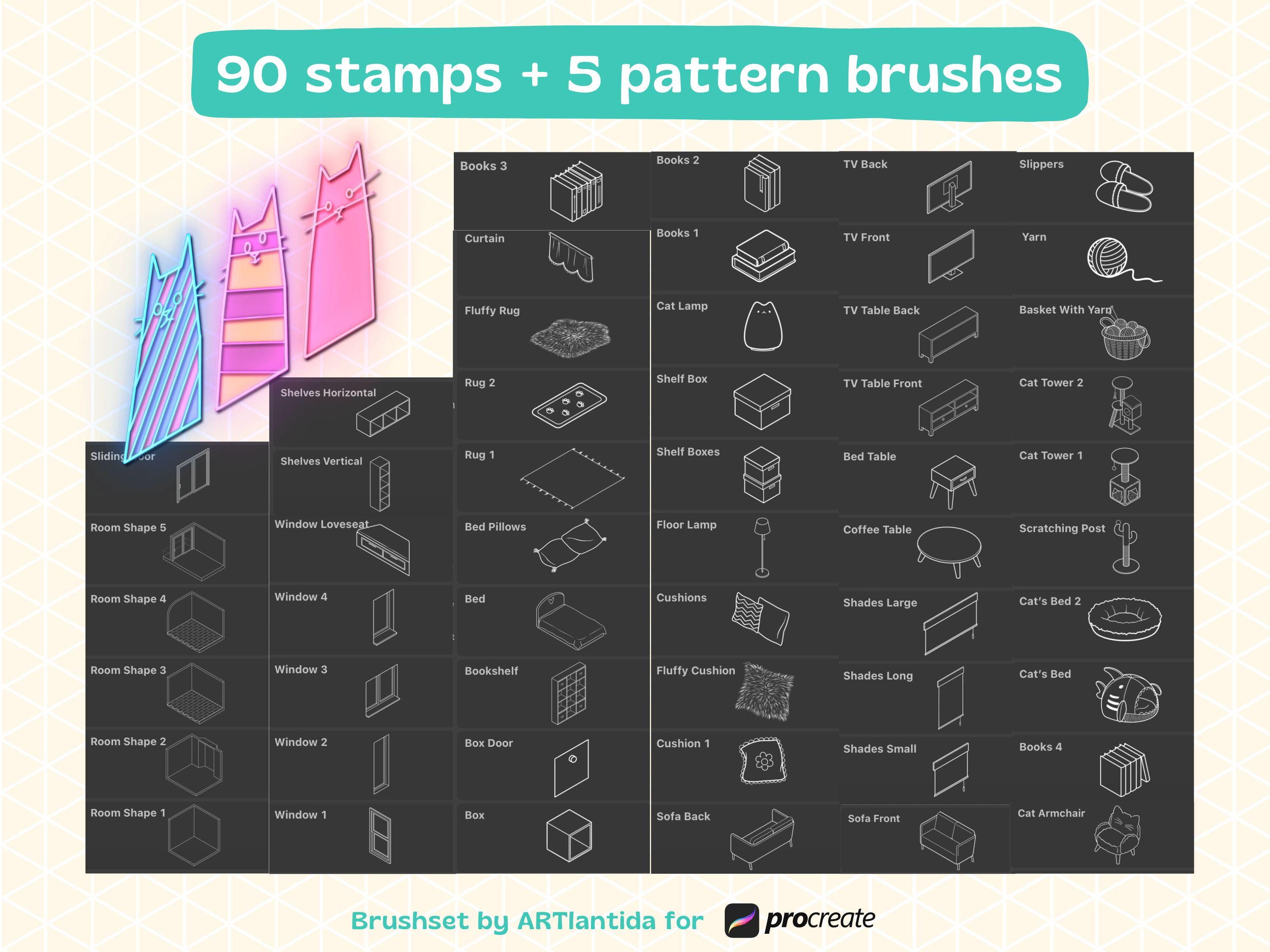 Procreate Isometric Stamps | Cat Room Brush Pack | 95 Hand Drawn ...