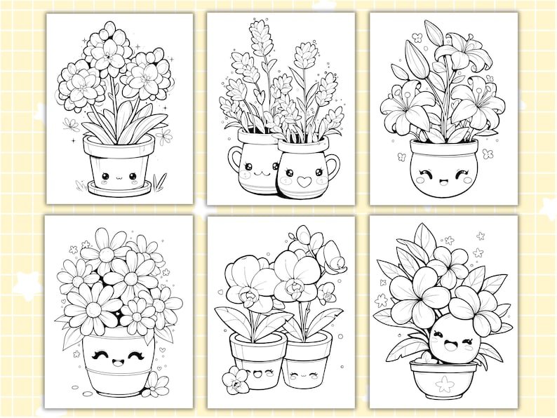 Kawaii Flowers Coloring Pages | Digital Download | Adult Coloring Book ...