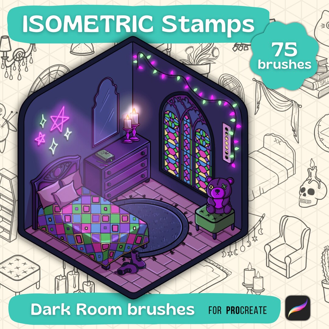 Procreate Isometric Stamps Dark Gothic Bedroom Brush Pack 75 Hand Drawn ...