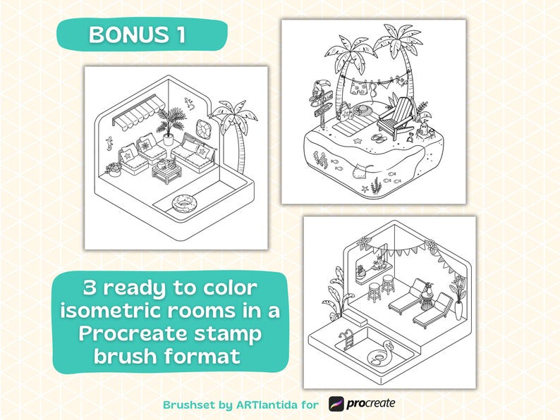 Procreate Isometric Stamps | Beach Room Brush Pack | 75 Hand Drawn ...
