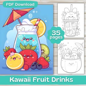 35 Kawaii Fruit Drinks Coloring Pages | Digital Download | Adult ...
