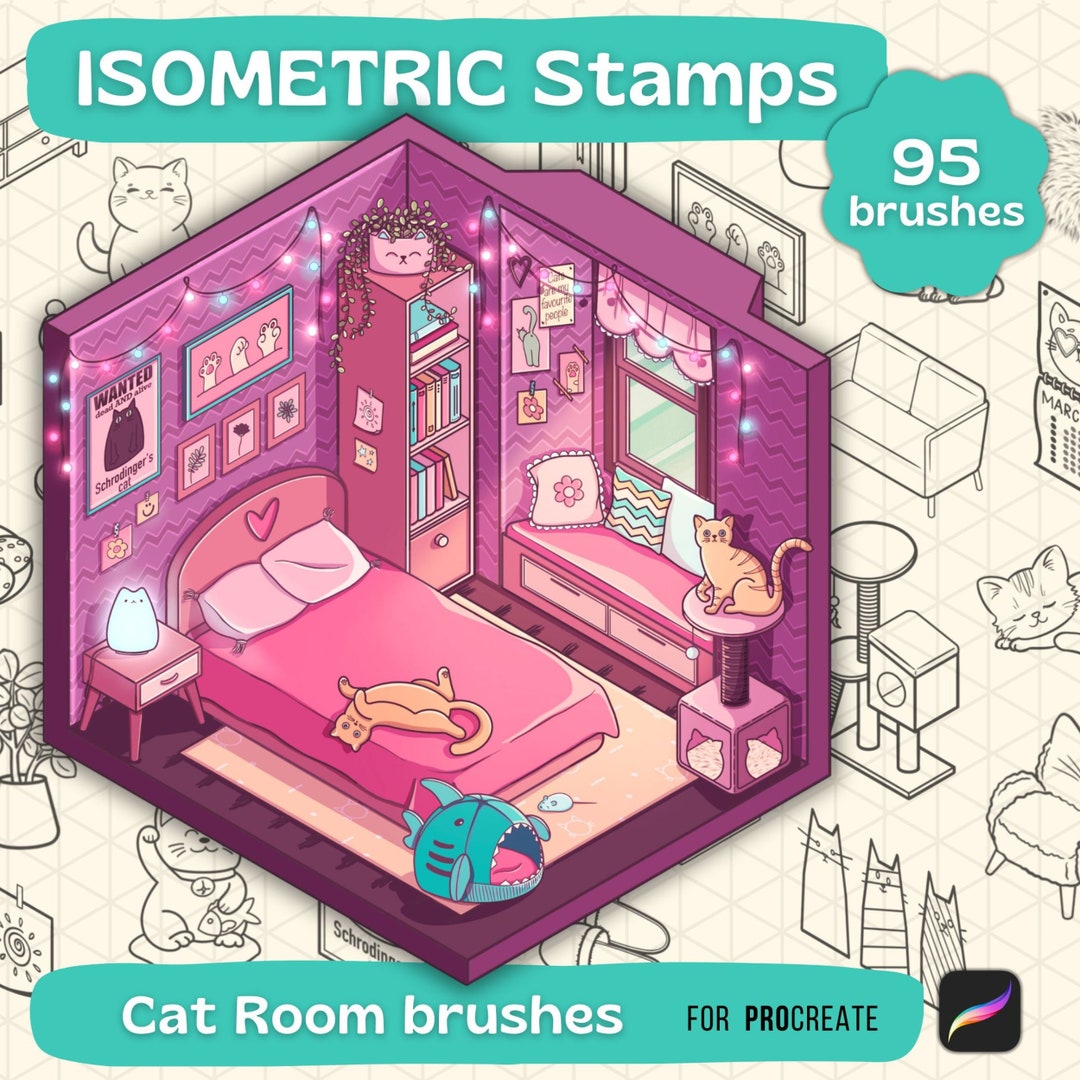 Procreate Isometric Stamps Cat Room Brush Pack 95 Hand Drawn Procreate ...