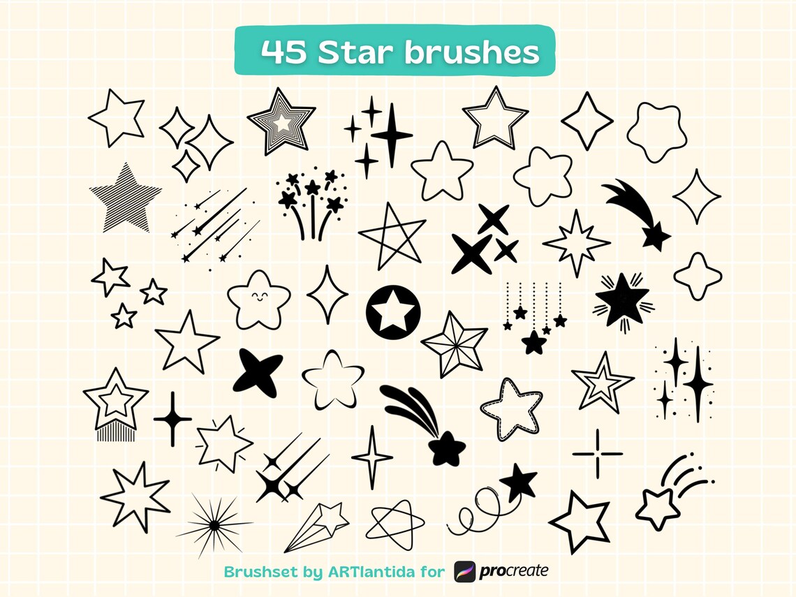 Procreate Star and Heart Stamps | Procreate Doodles Brush Set | 90 Hand ...