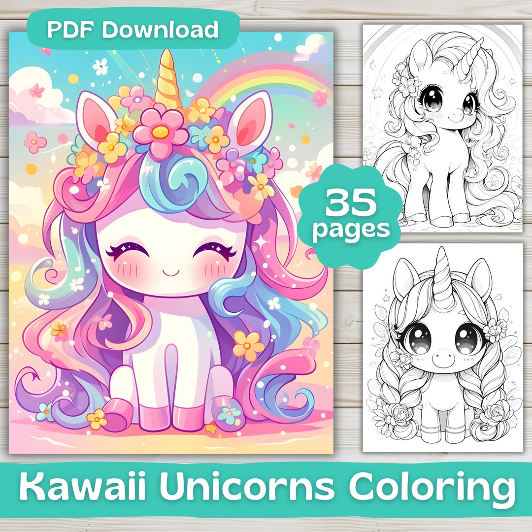 Kawaii Unicorns 35 Coloring Pages Digital Download Adult Coloring Book ...