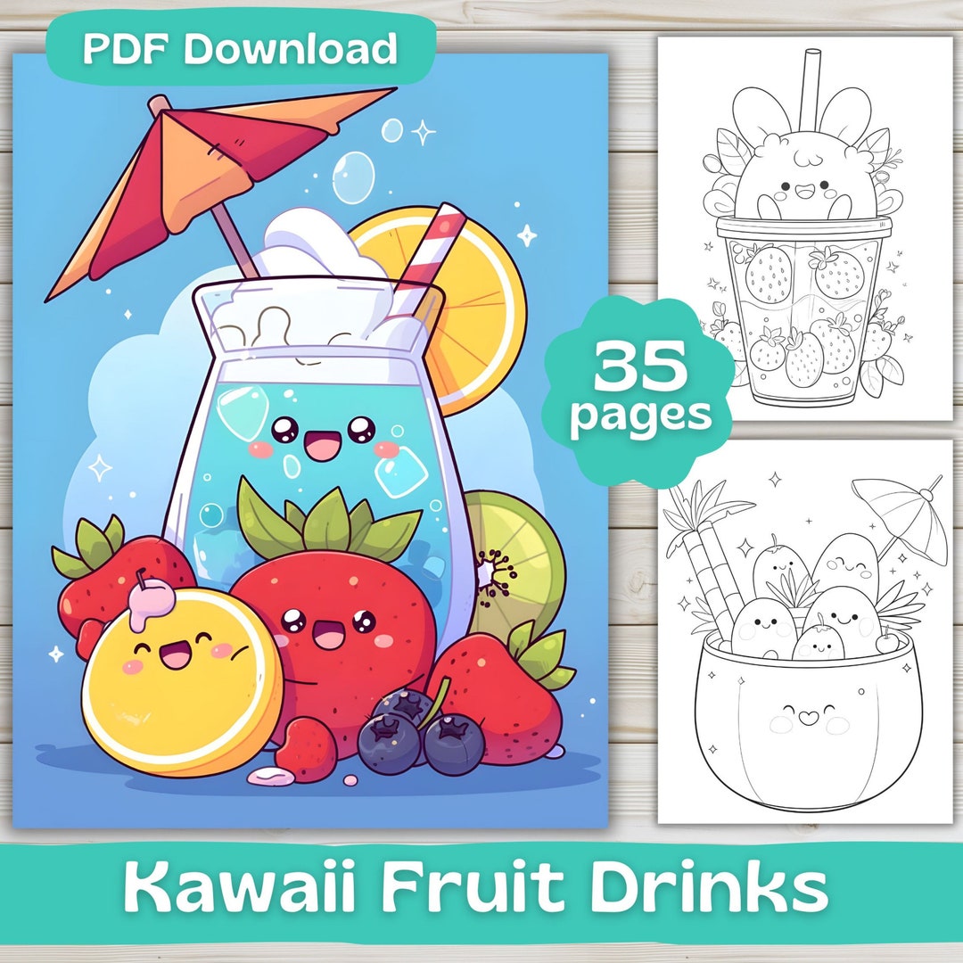 35 Kawaii Fruit Drinks Coloring Pages Digital Download Adult Coloring ...