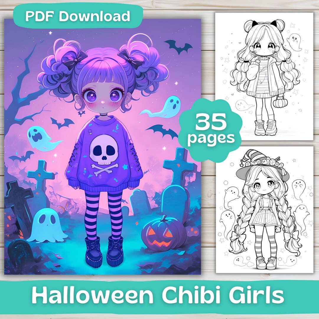 35 Halloween Chibi Girls Coloring Pages Digital Download Adult Coloring ...