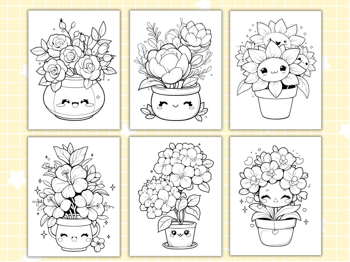 Kawaii Flowers Coloring Pages | Digital Download | Adult Coloring Book ...