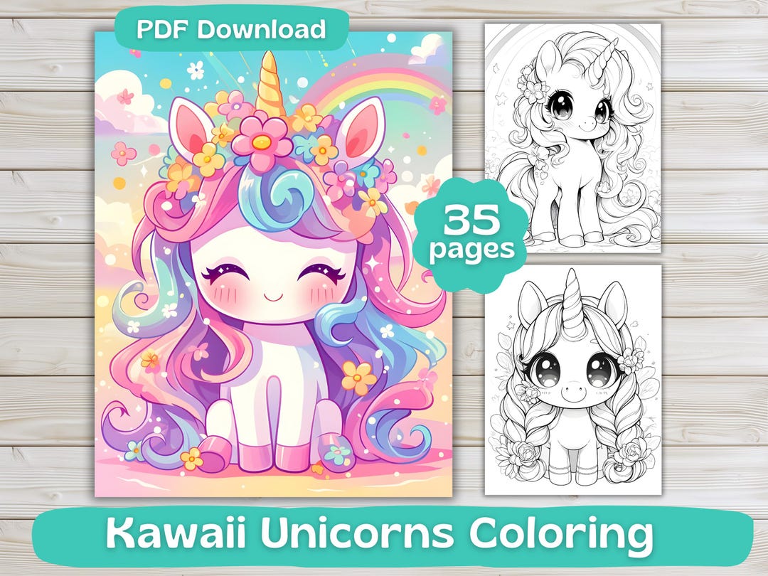 Kawaii Unicorns | 35 Coloring Pages | Digital Download | Adult Coloring ...