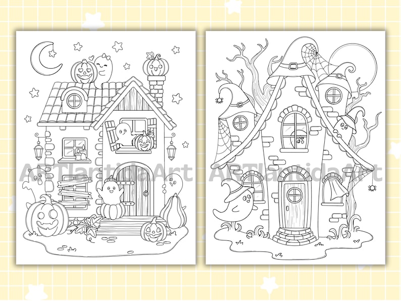 Haunted House Coloring Pages | Kawaii Halloween Coloring | Hand Drawn ...