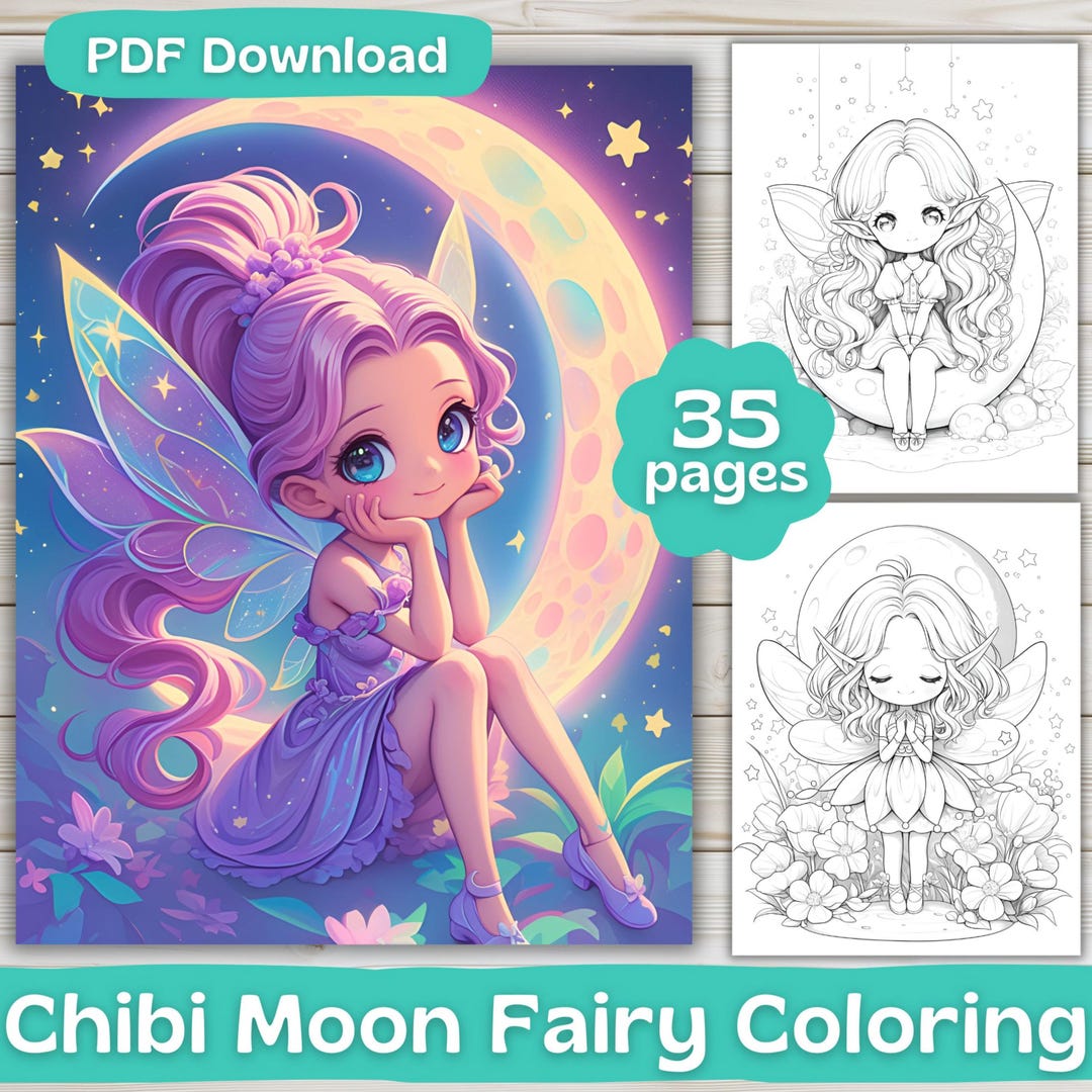 35 Chibi Moon Fairy Coloring Pages Digital Download Adult Coloring Book ...