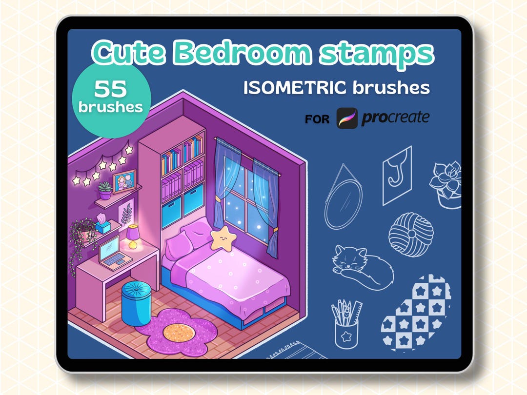Procreate Isometric Stamps | Cute Bedroom Brush Pack | 55 Hand Drawn ...