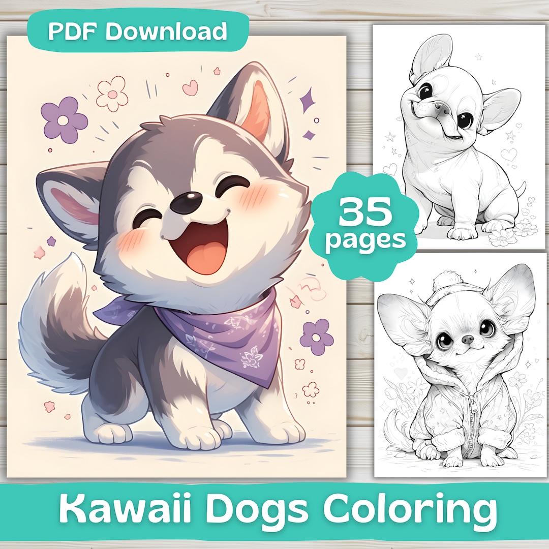 Kawaii Dogs 35 Coloring Pages Digital Download Adult Coloring Book Cute ...